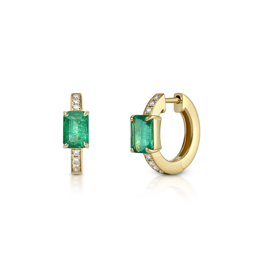 Linette Huggies in Octagon-Shaped Emerald YG - Savolinna Jewelry